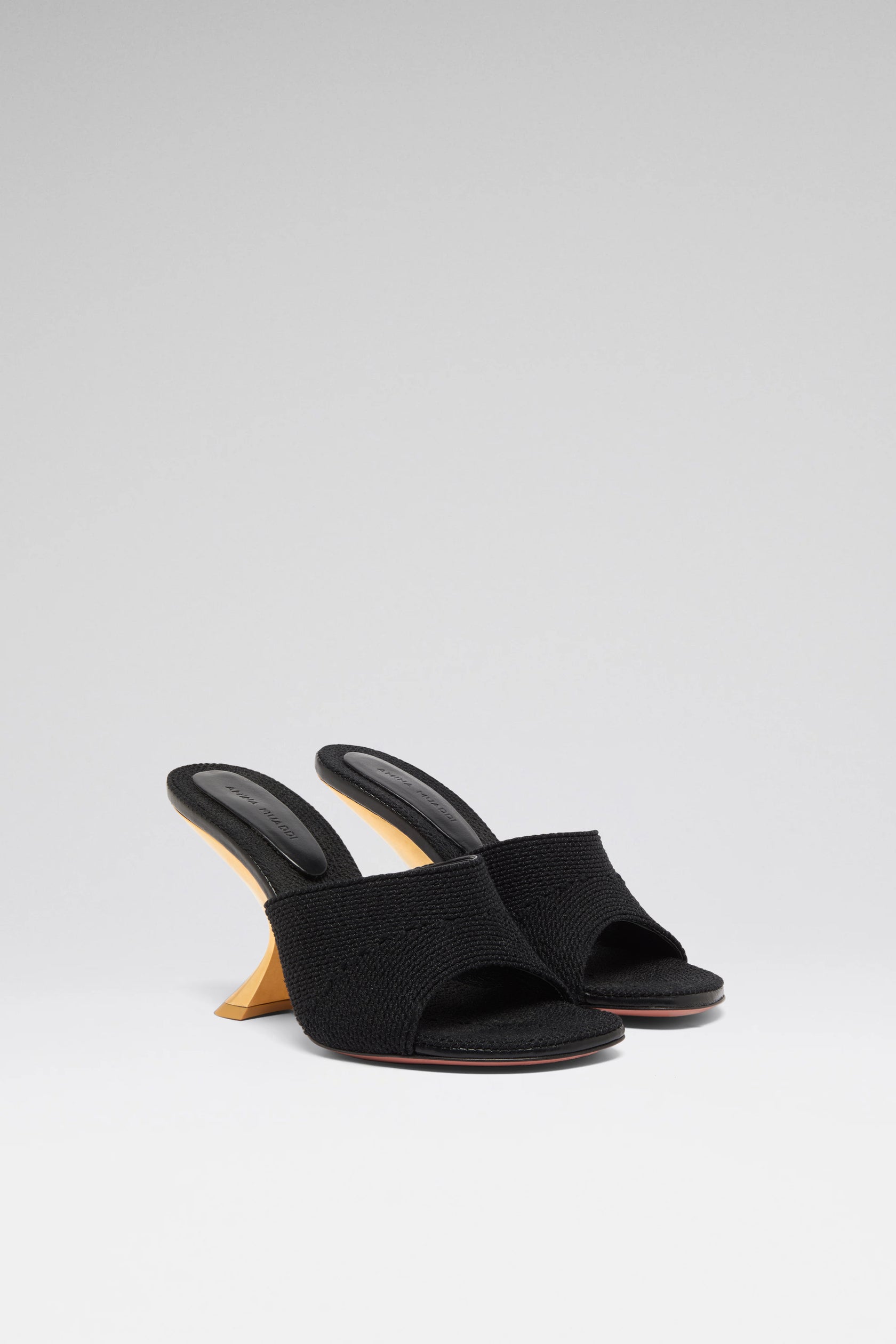Taylor Woven Slipper 90 Black Woven Raffia And Gold Metal Heel